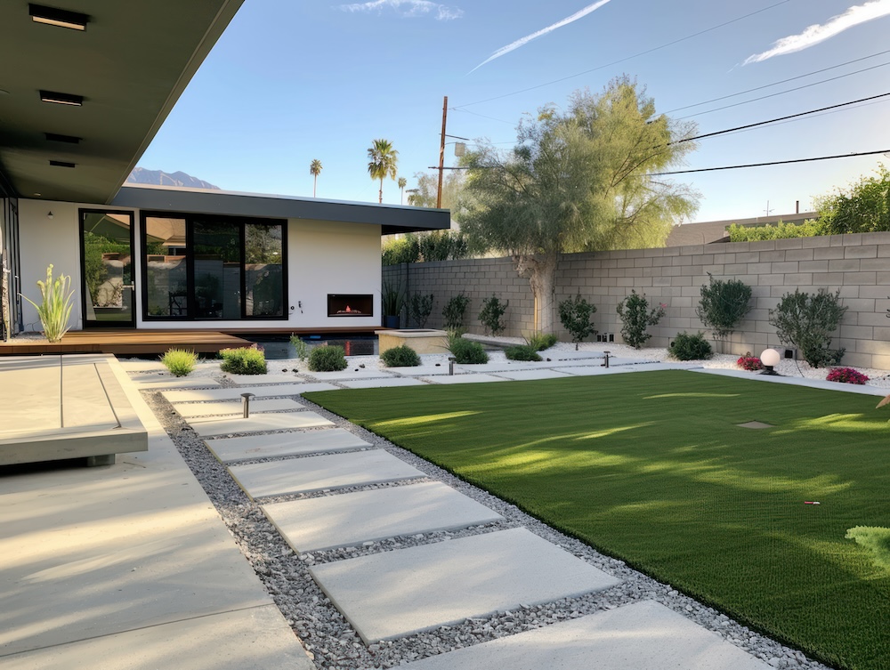 A minimalist backyard featuring large stone pavers, artificial turf ...